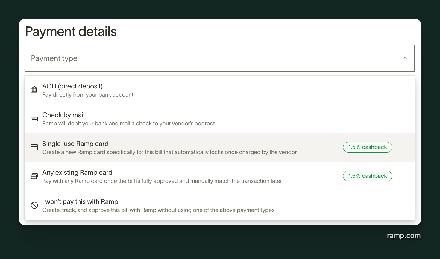 Pay Bill Pay invoices via Ramp card – Ramp